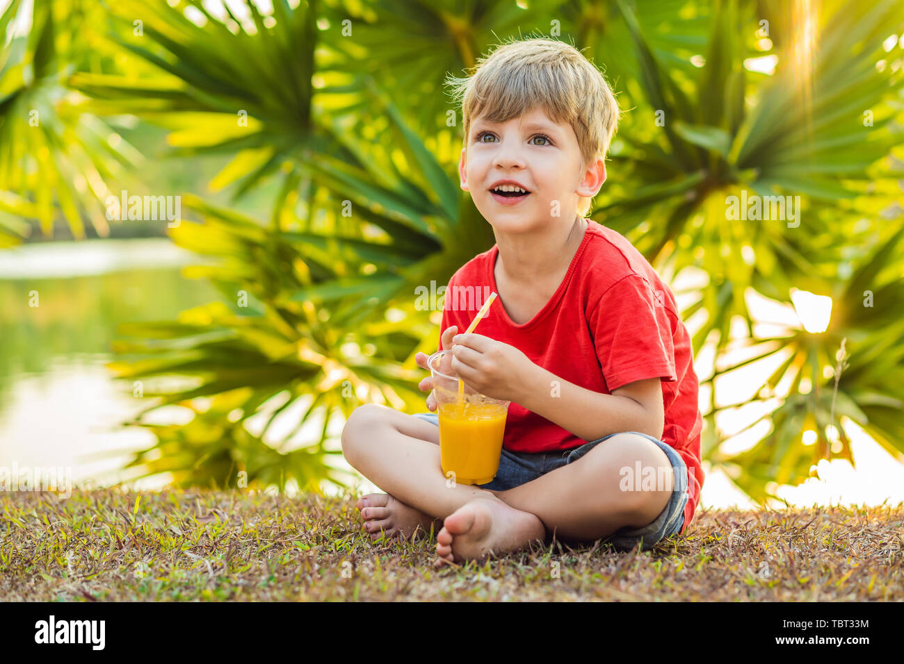Boy drink healthy smoothies against the backdrop of palm trees. Mango ...