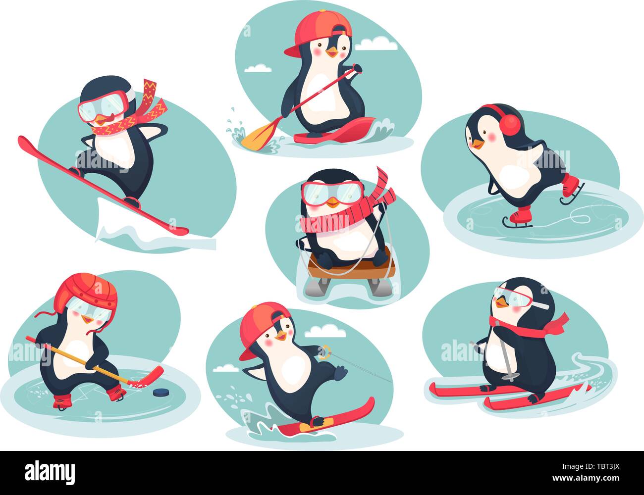 Winter and summer sports. Childrens sports concept. Active penguins ...