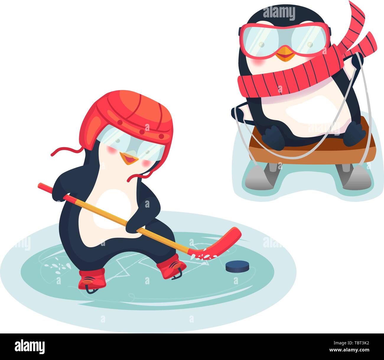 Penguin hockey player and penguin on sled. Childrens sports concept ...
