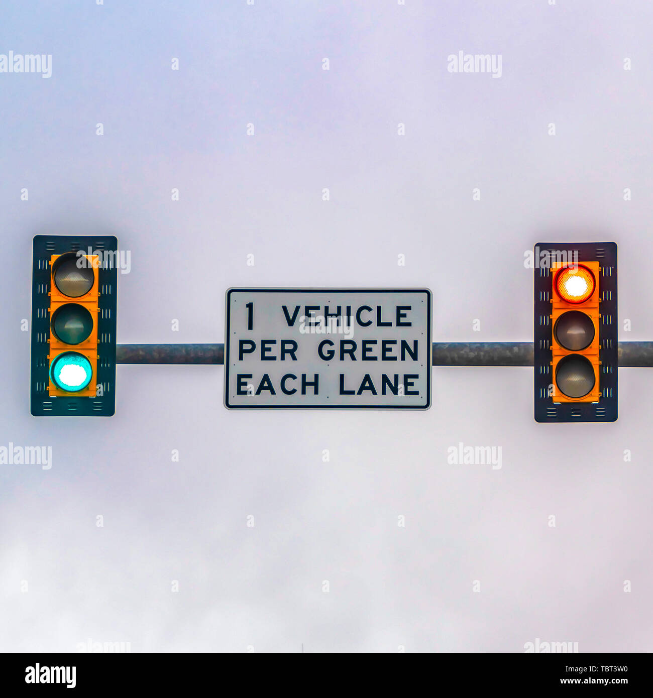 Square frame Traffic lights on a metal pole isolated against cloudy sky ...