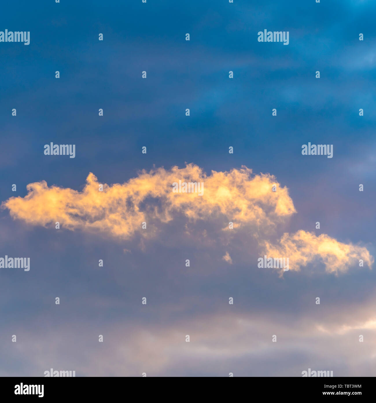 Square Puffy clouds illuminated by sunlight in the boundless blue sky ...