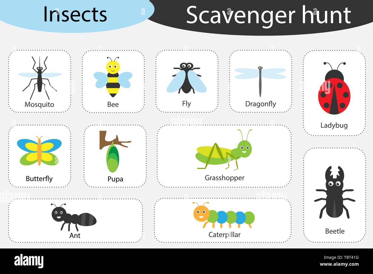 Scavenger hunt, insects theme, different colorful pictures for children ...