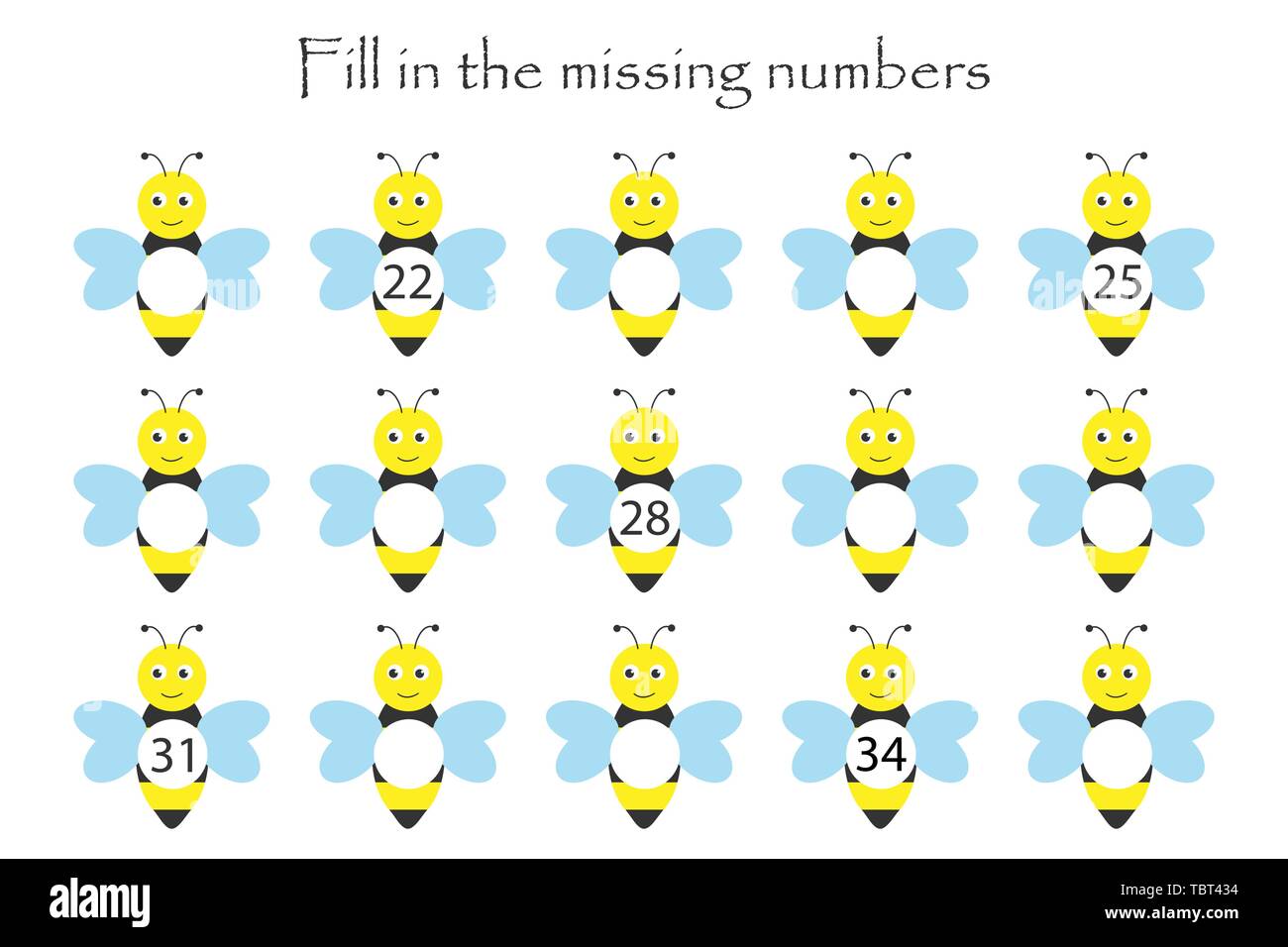 Game with bees for children, fill in the missing numbers, middle level ...