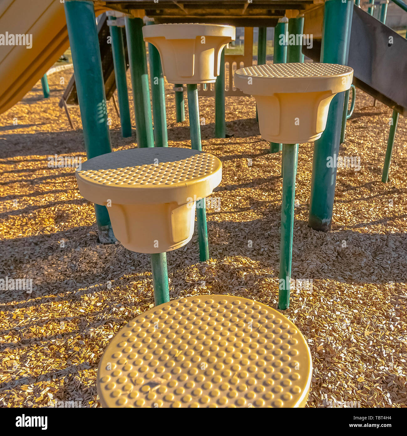 Square frame Circular steps and stairs going up the slide viewed on a ...