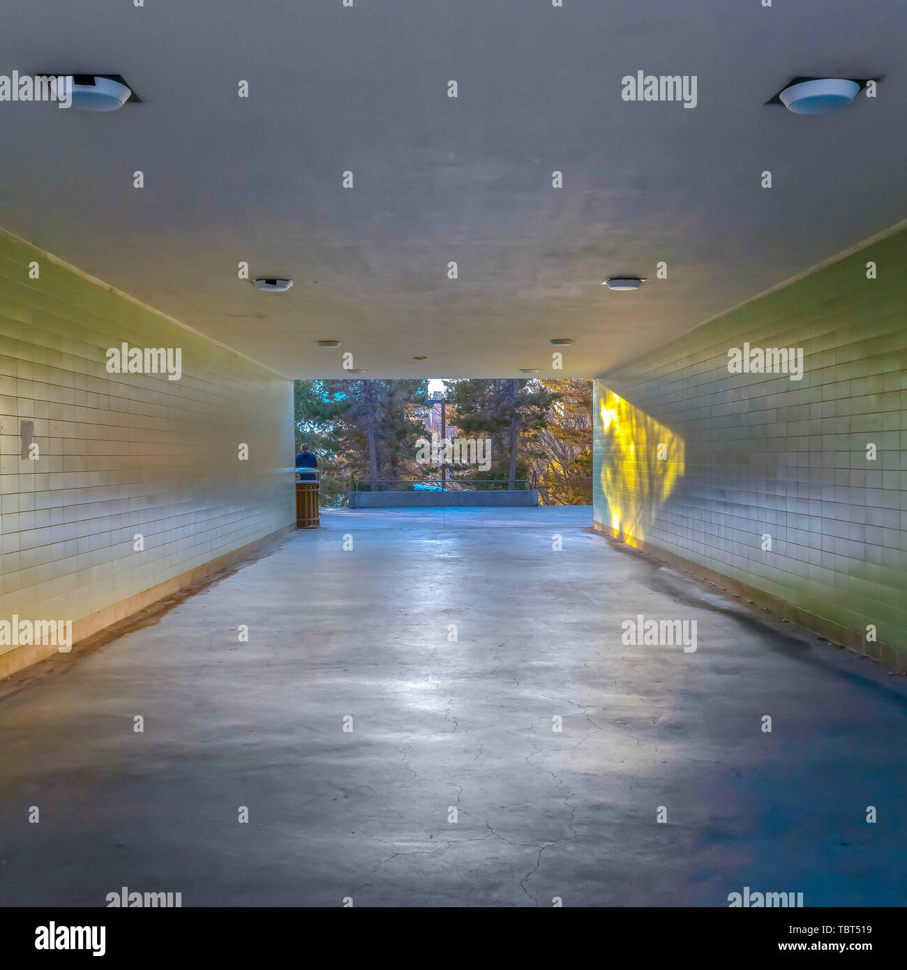 Square frame Passage way under a building with cracked floor and brick ...