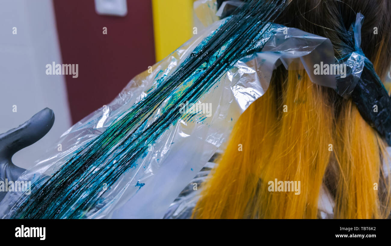 Professional hairdresser coloring hair of woman client at studio Stock ...