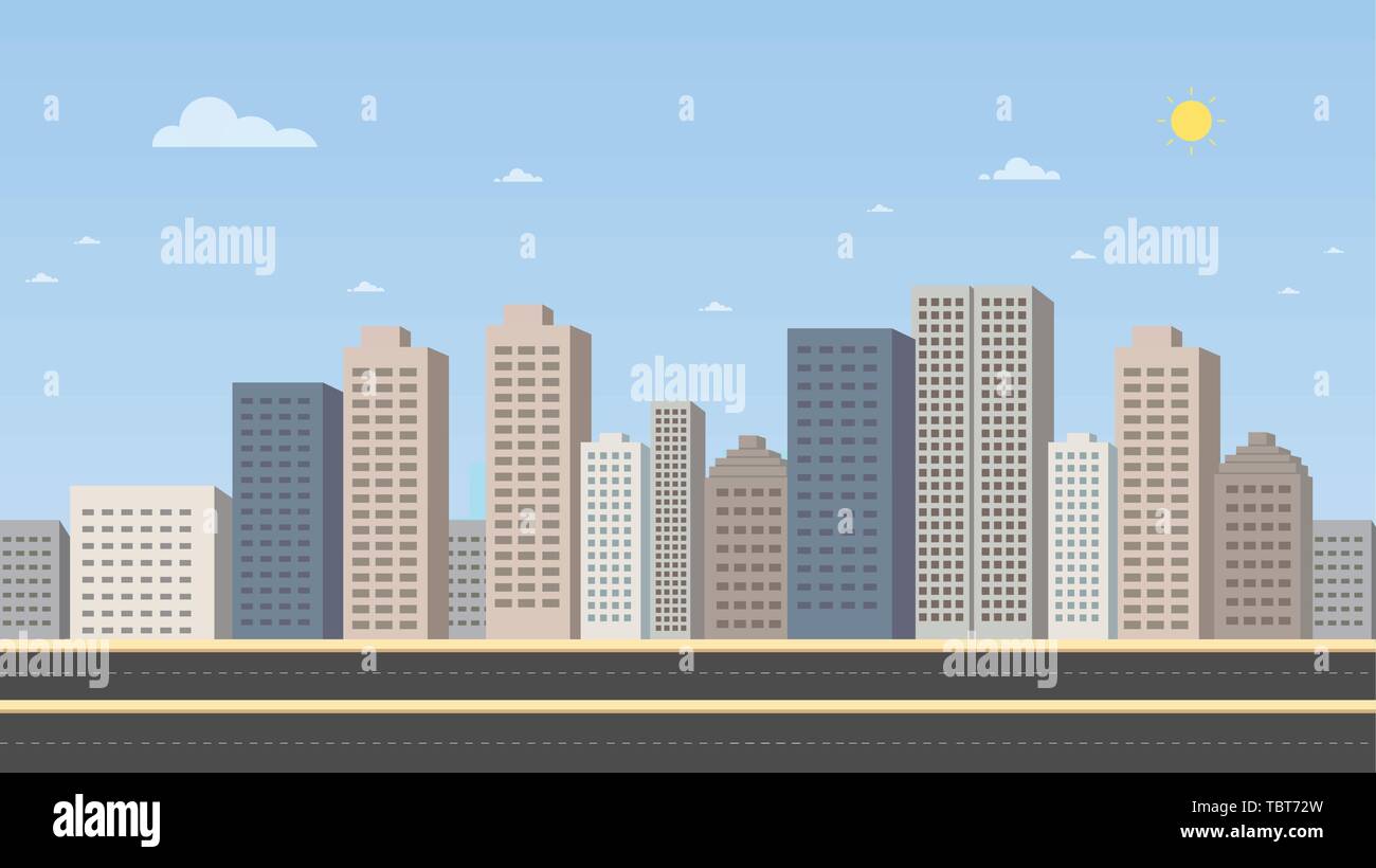 Cityscape with main street and sky background vector illustration ...