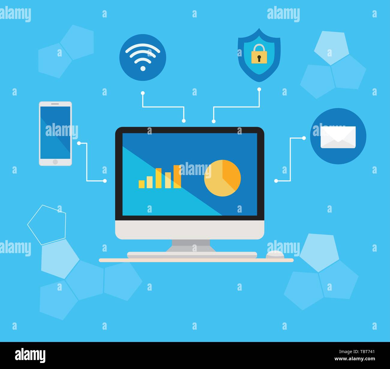 Computer keyboard with media element network icon vector illustration ...