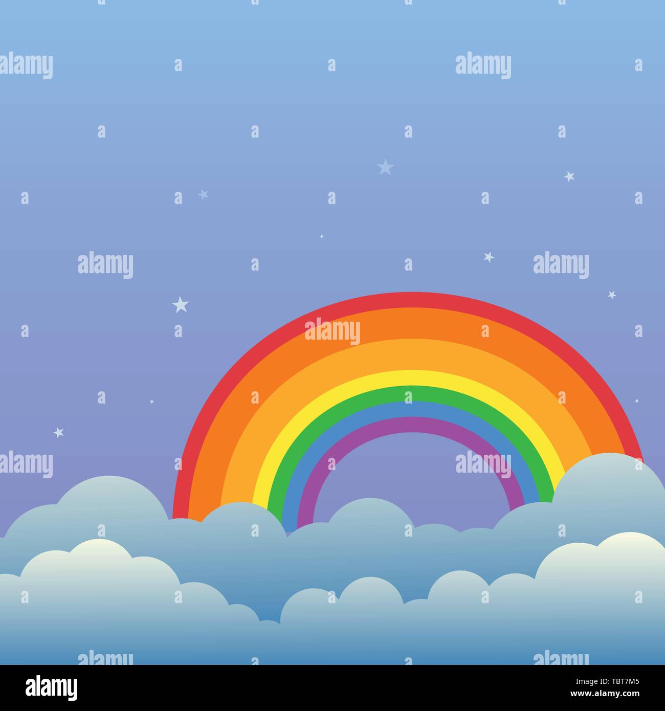 Rainbow in the night sky with clouds and stars cartoon vector ...