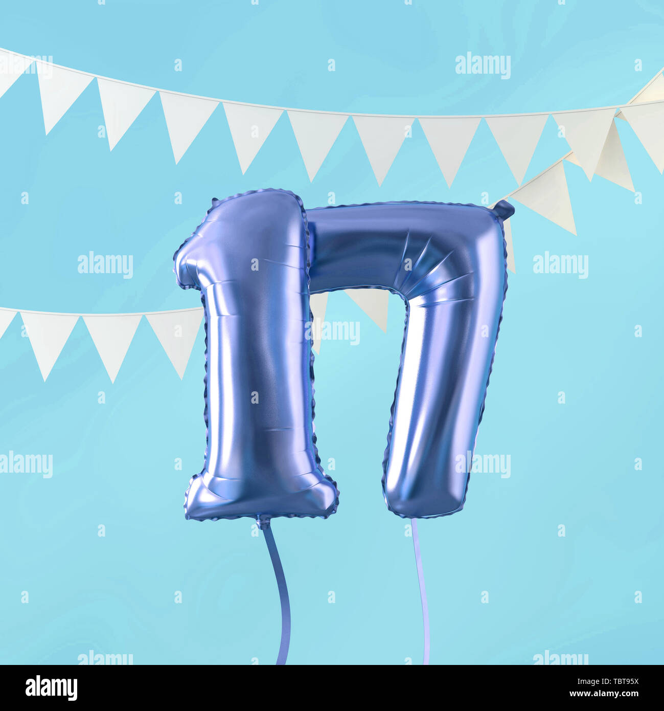 Happy 17th birthday party celebration blue balloon and bunting. 3D ...