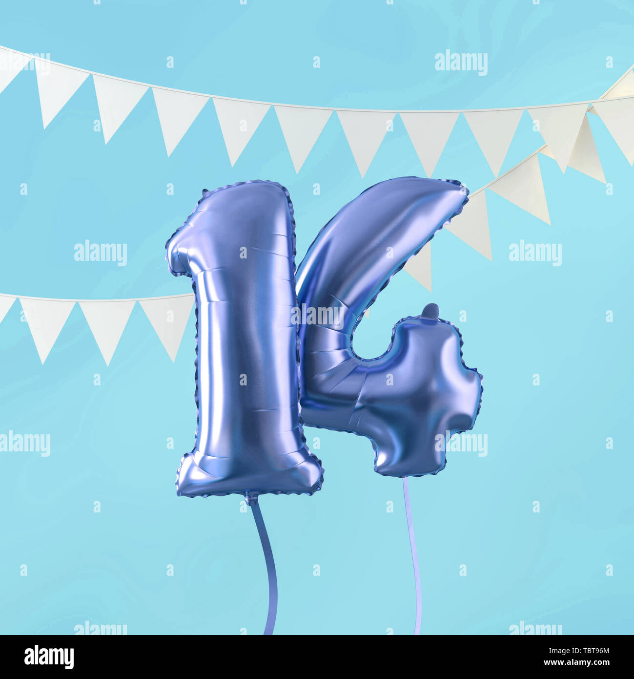 Happy 14th birthday party celebration blue balloon and bunting. 3D ...