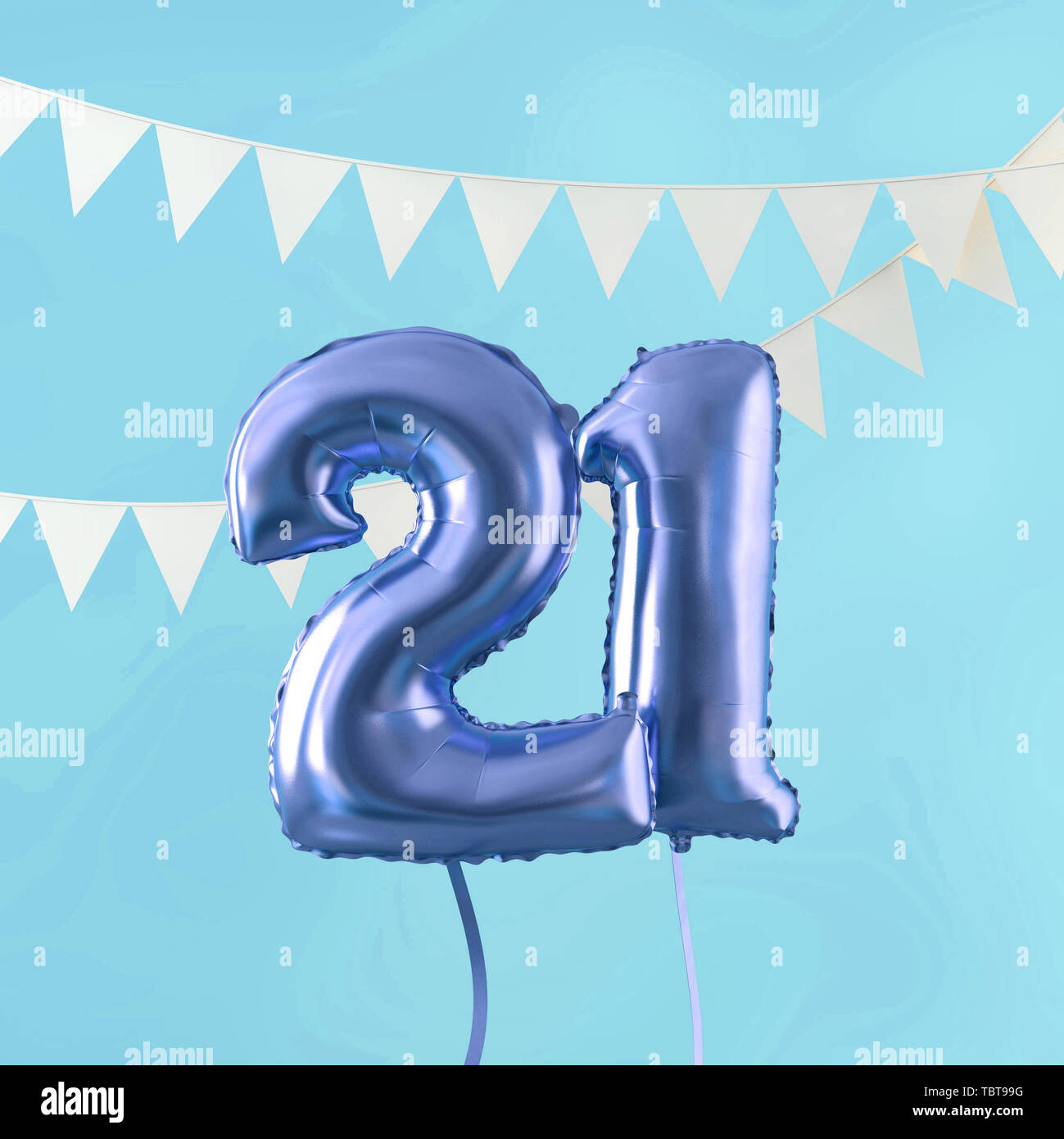 Happy 21st birthday party celebration blue balloon and bunting. 3D ...
