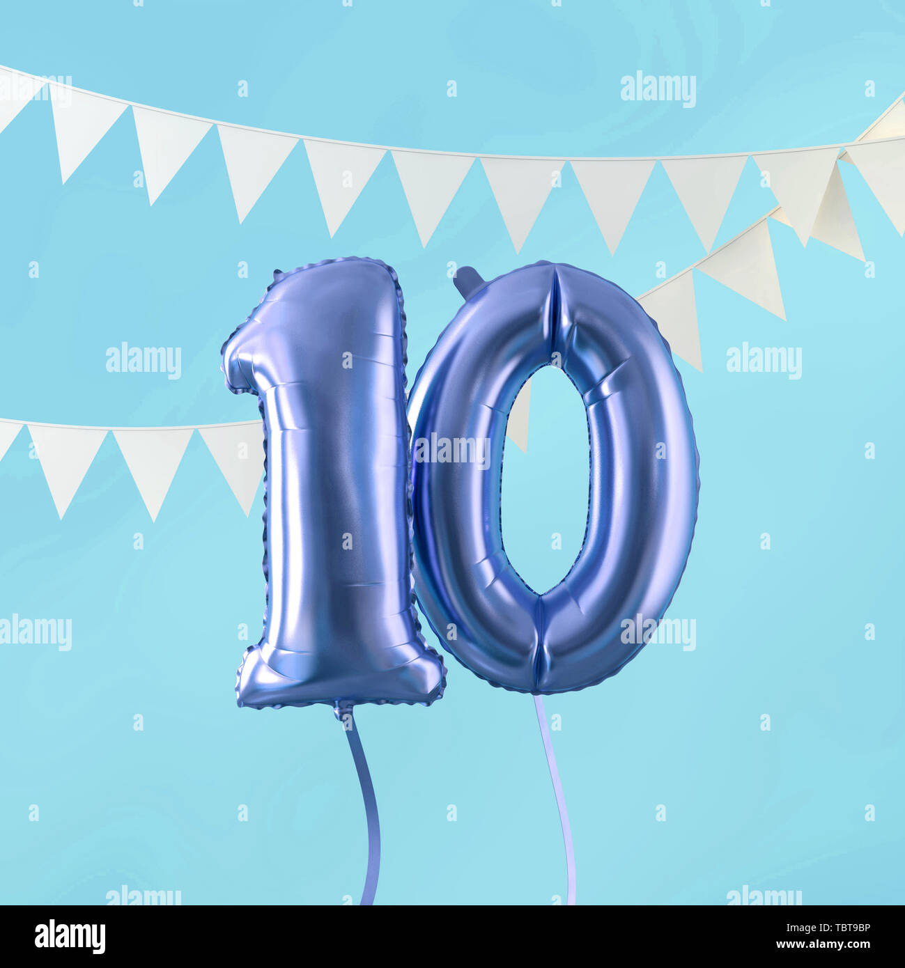 Happy 10th birthday party celebration blue balloon and bunting. 3D ...