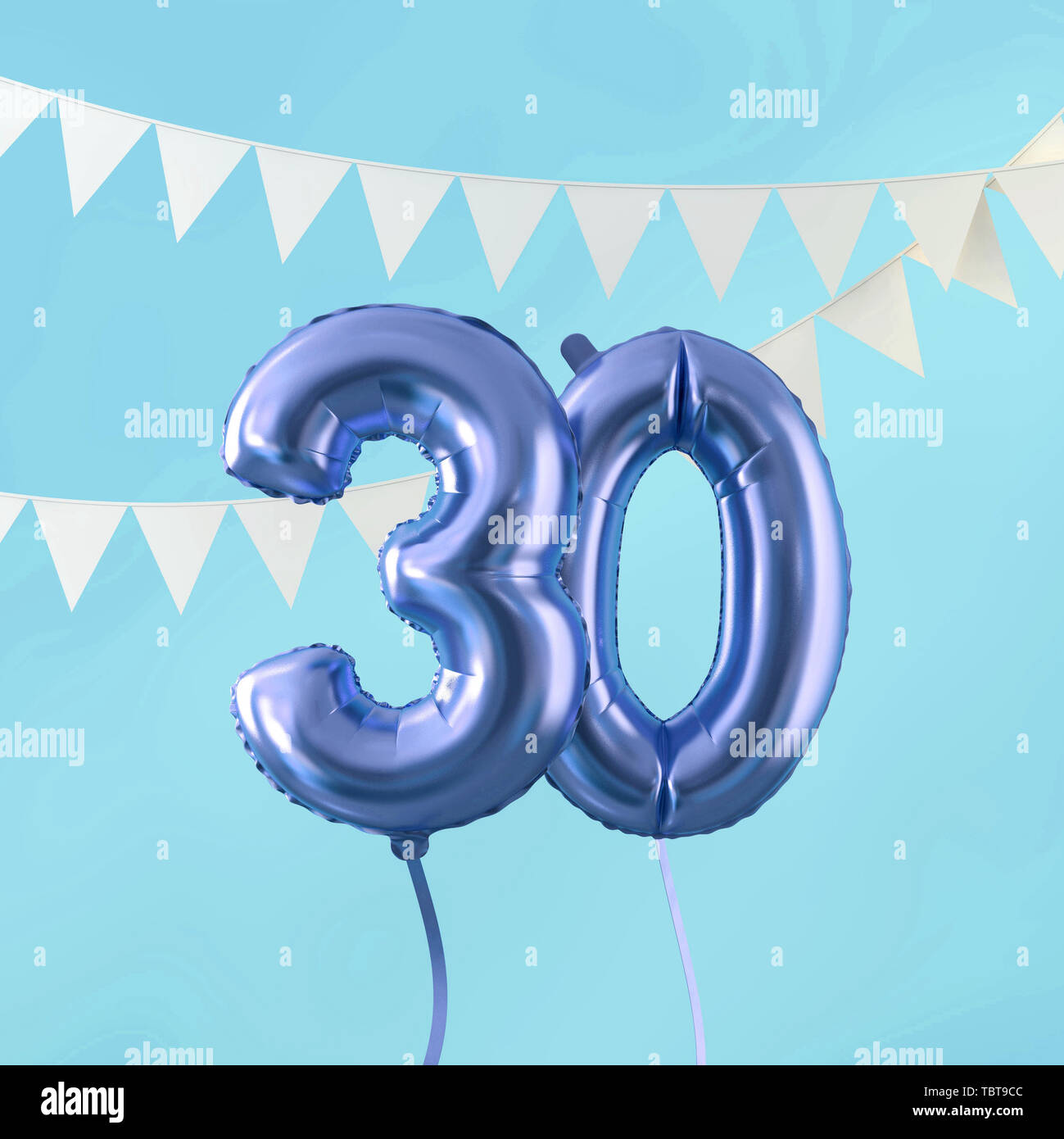 Happy 30th birthday party celebration blue balloon and bunting. 3D ...