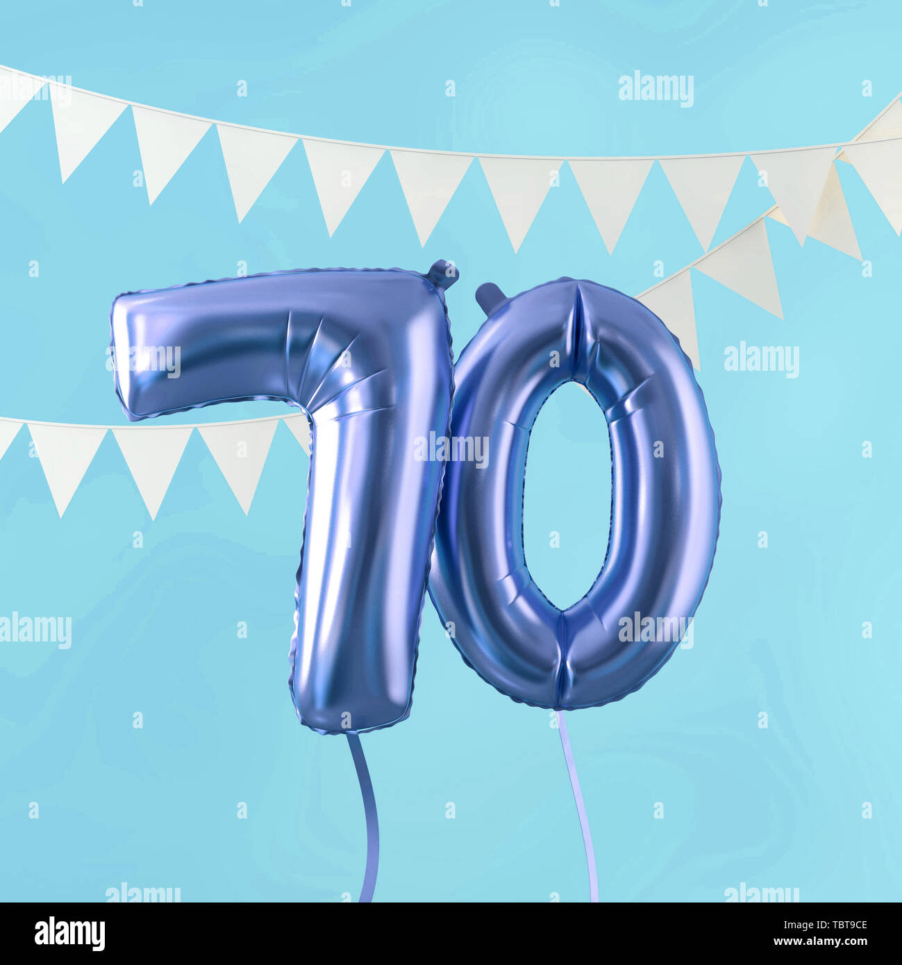 Happy 70th birthday party celebration blue balloon and bunting. 3D ...