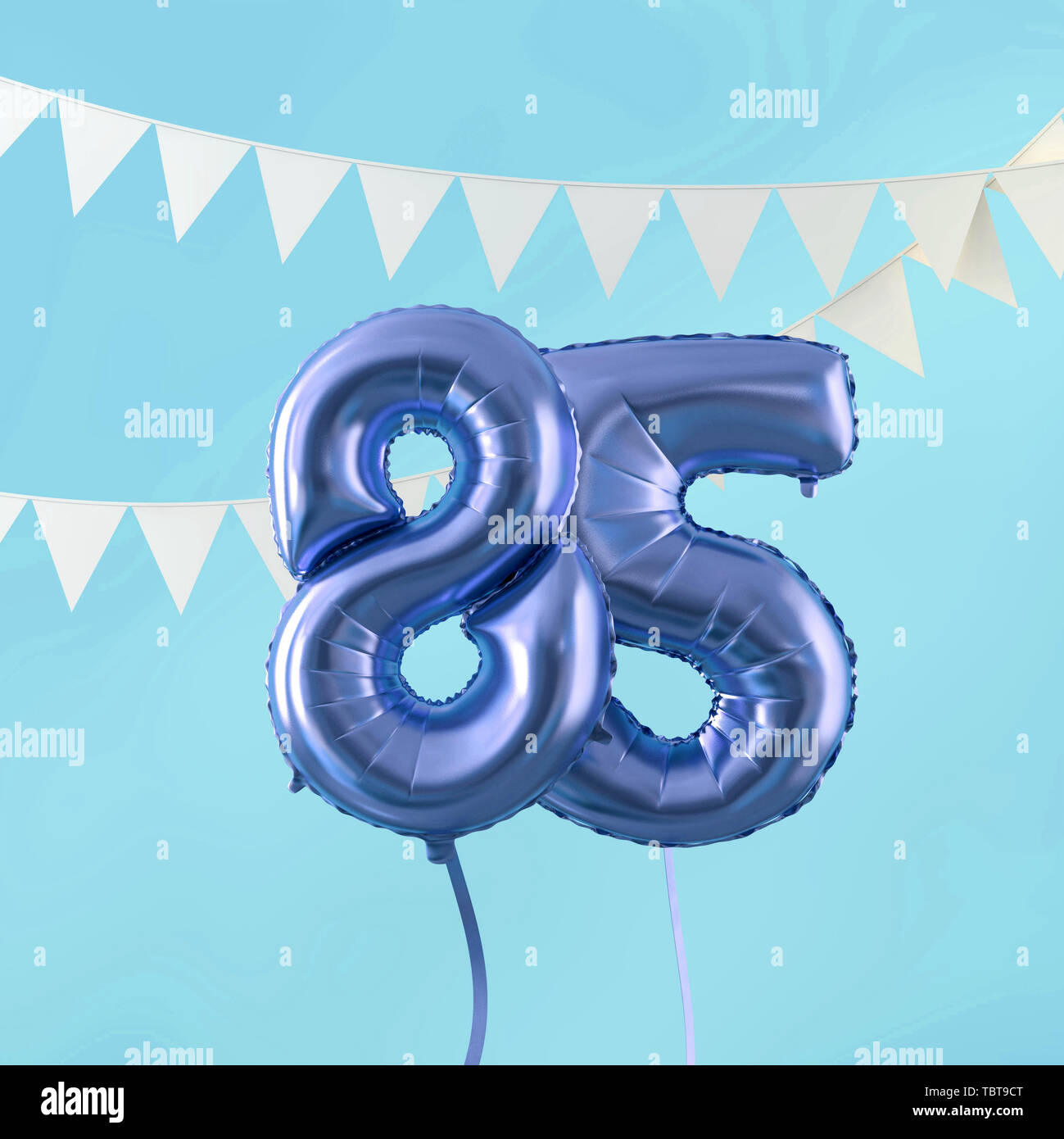 Happy 85th birthday party celebration blue balloon and bunting. 3D ...