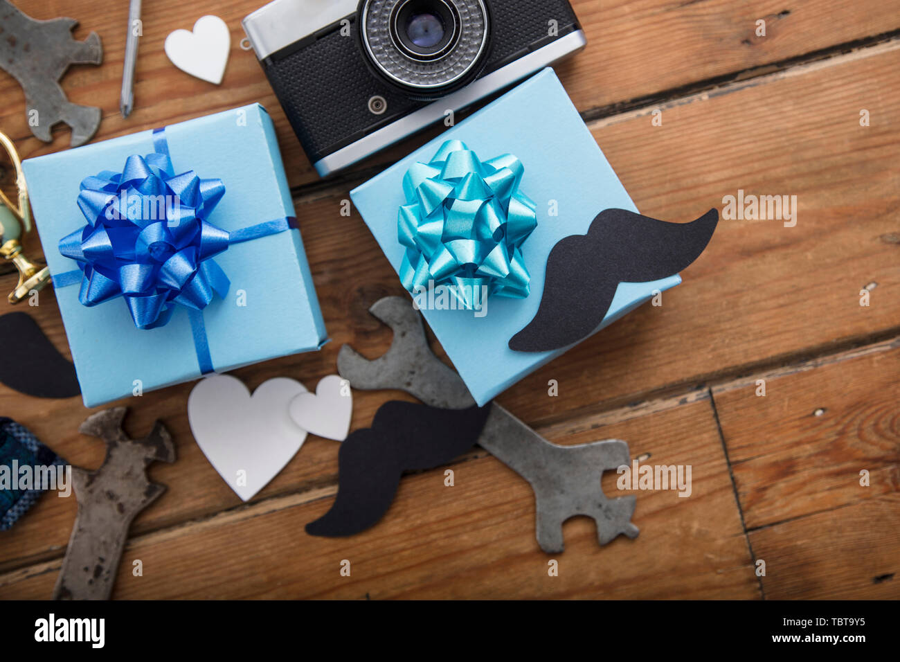 Father's day present background. Gift box and father's day objects lay ...