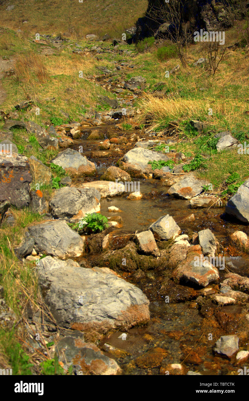 Mountain stream flowing through a stony field. Altai, Russia, Siberia ...