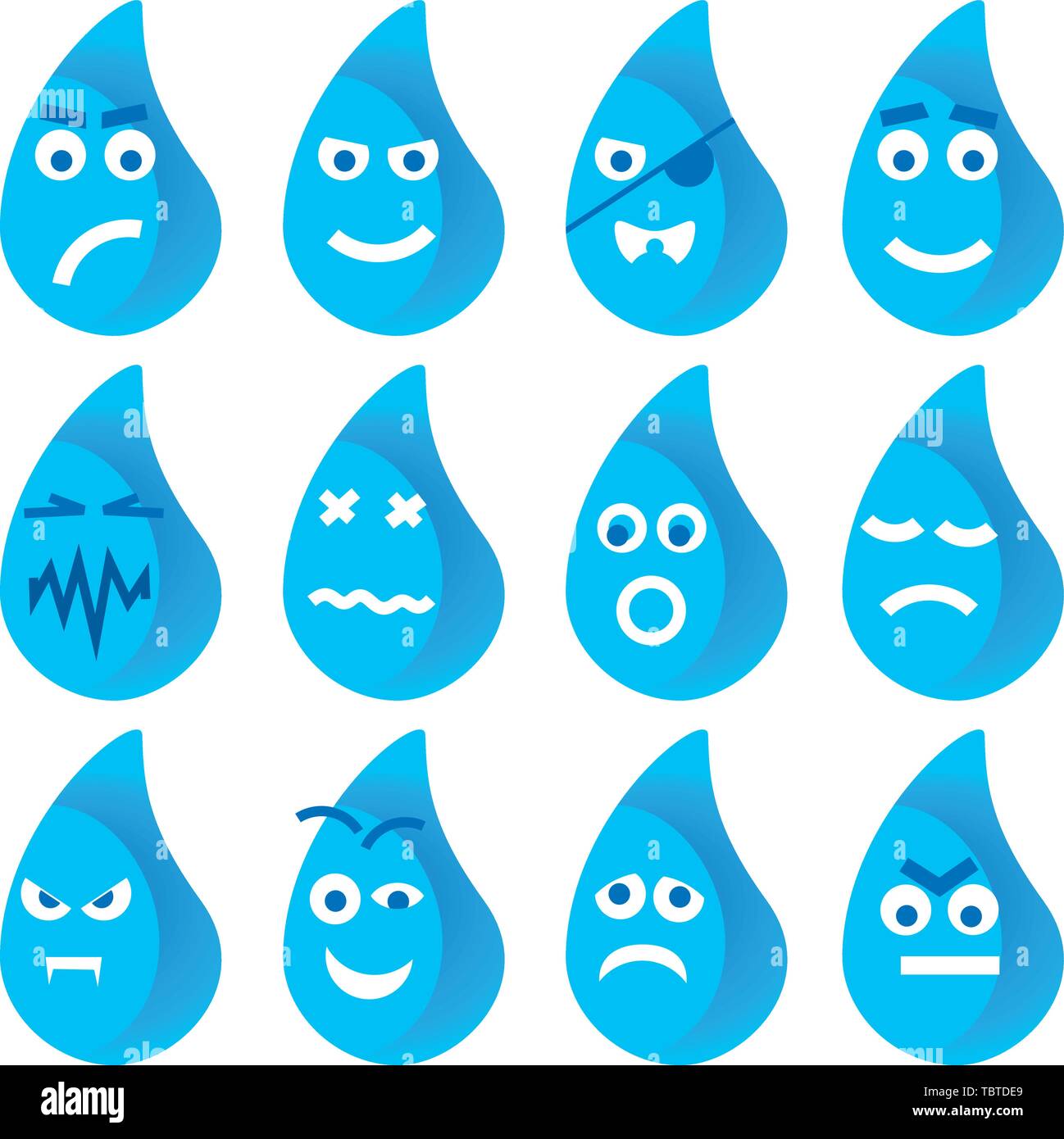 Vector illustration. Twelve drop characters in blue tones and flat ...