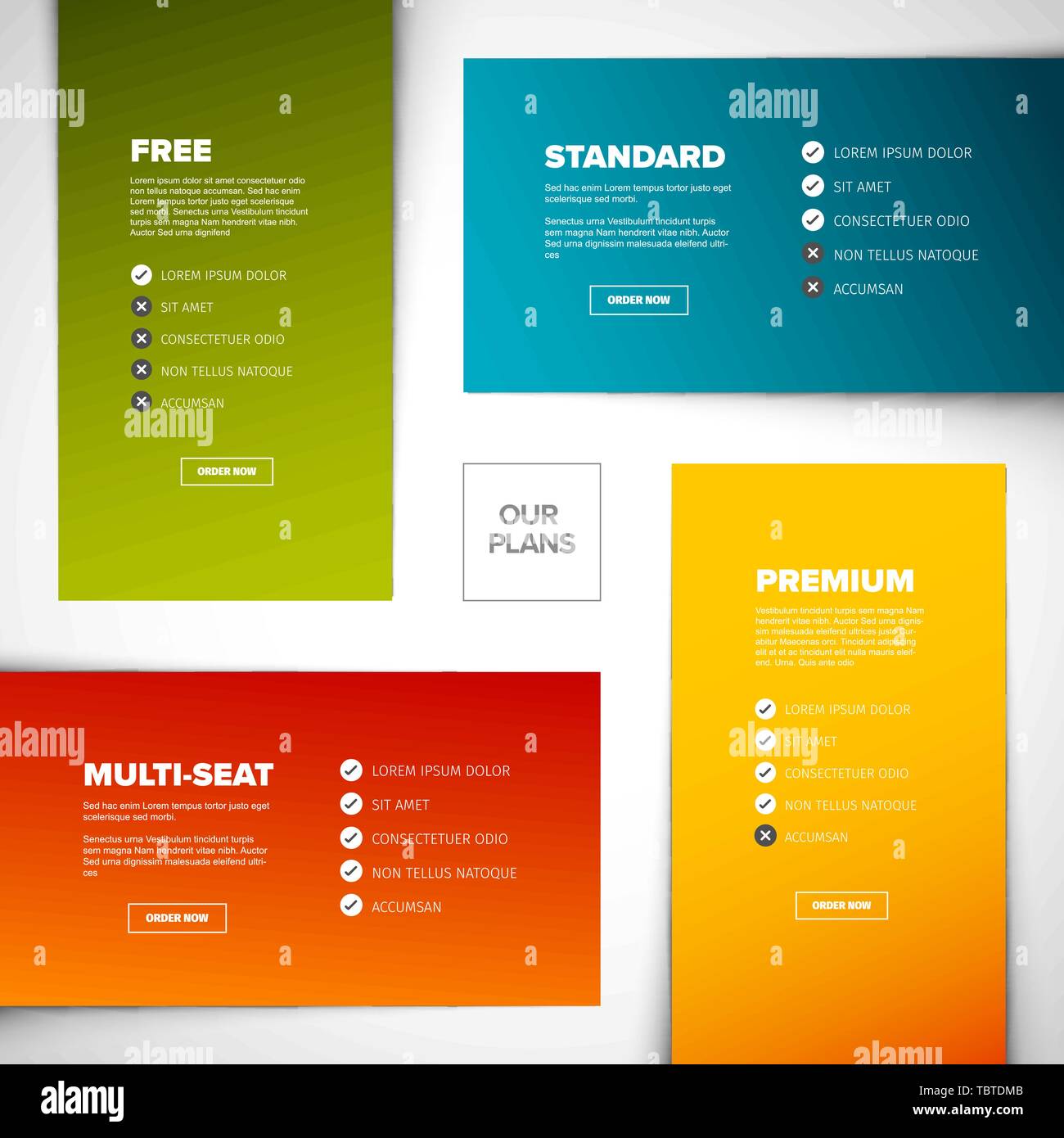 Product features schema template cards with four services, feature ...