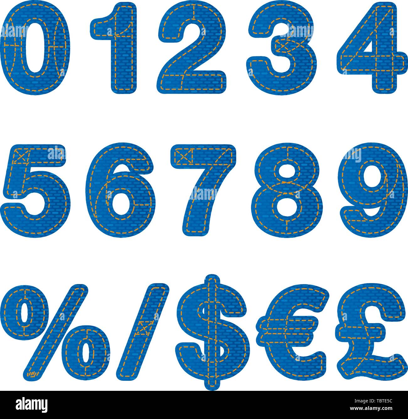 Vector illustration. Jeans alphabet numbers typo in blue, sewing Stock ...