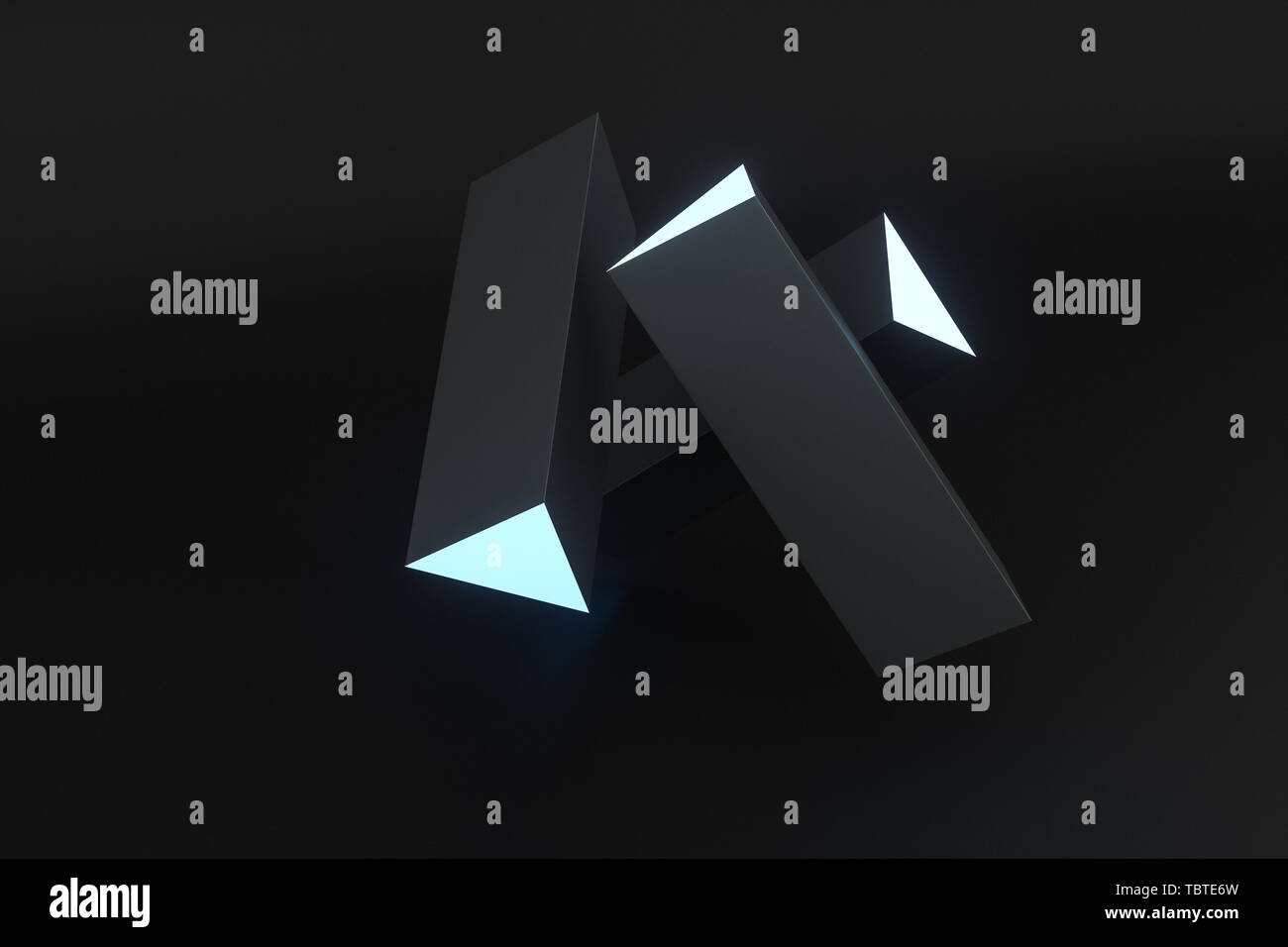 Three-dimensional rendering, glowing triangular columns against dark ...