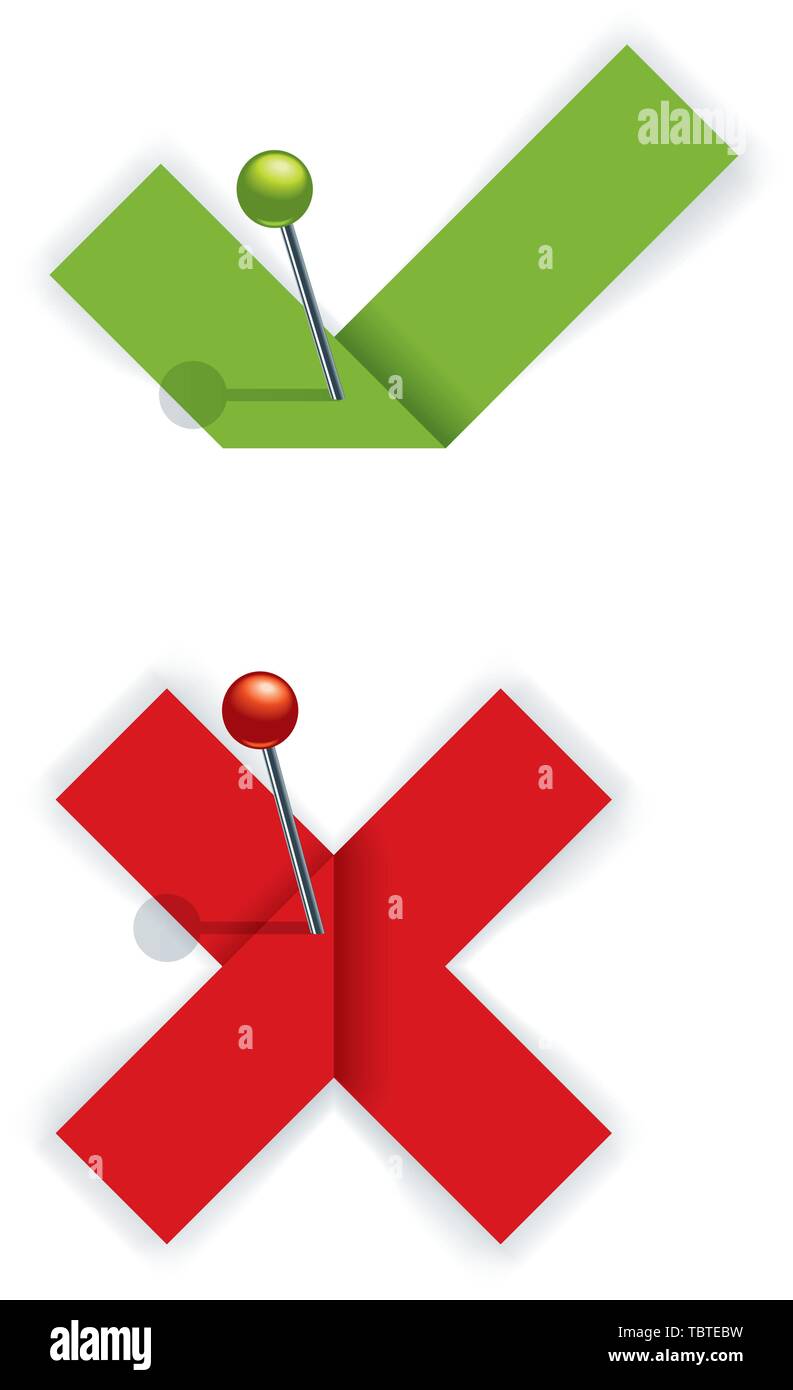 Vector illustration. Paper tick and cross symbols with shadows effect ...