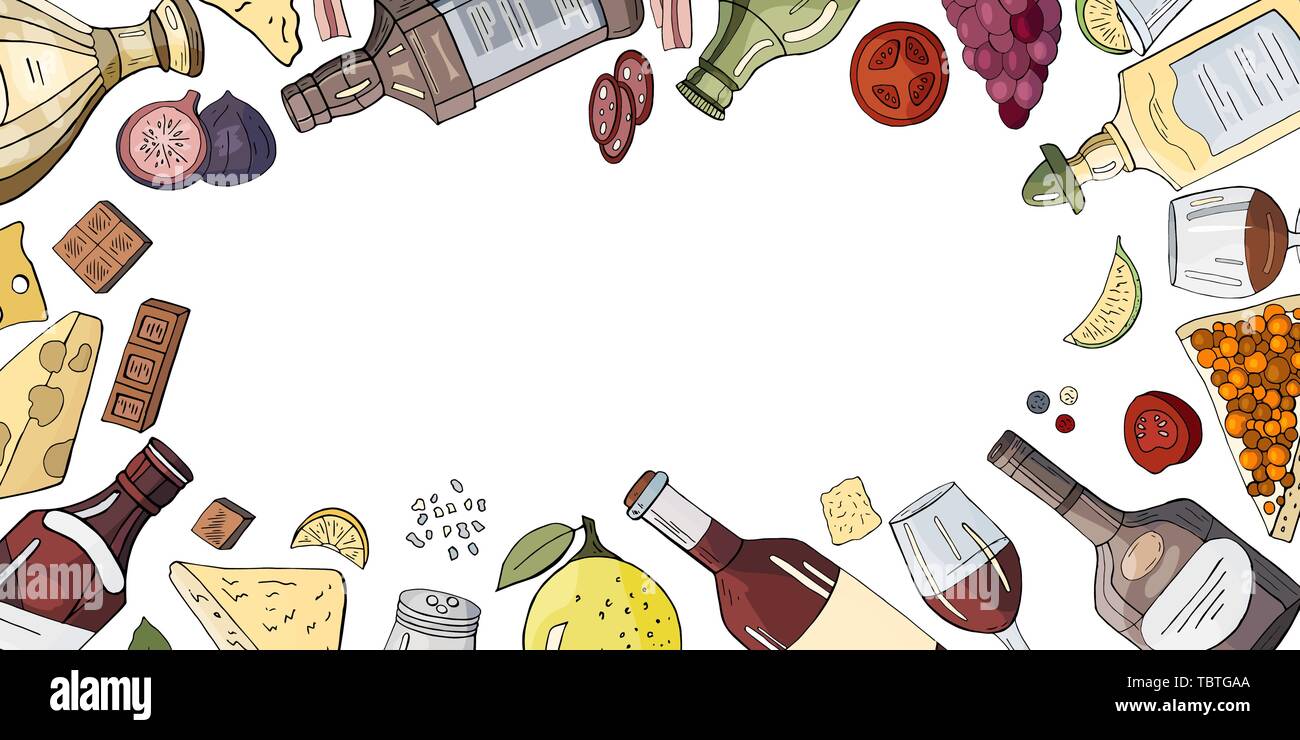 Horizontal alcohol baner with different drinks and snacks for cafe menu ...