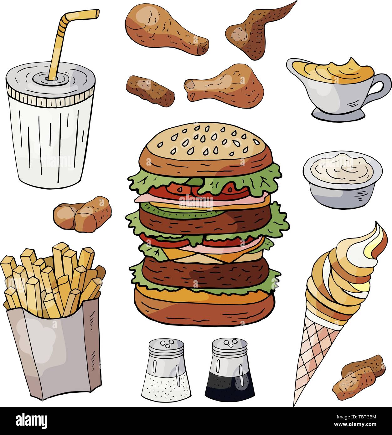 Set of fast food color elements drinks, burgers, snacks, ice-cream ...