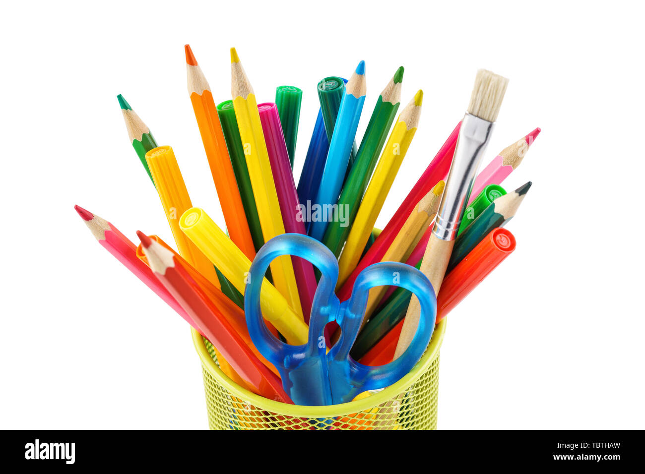 Colored pencils and various colorful stationery for school in a metal ...