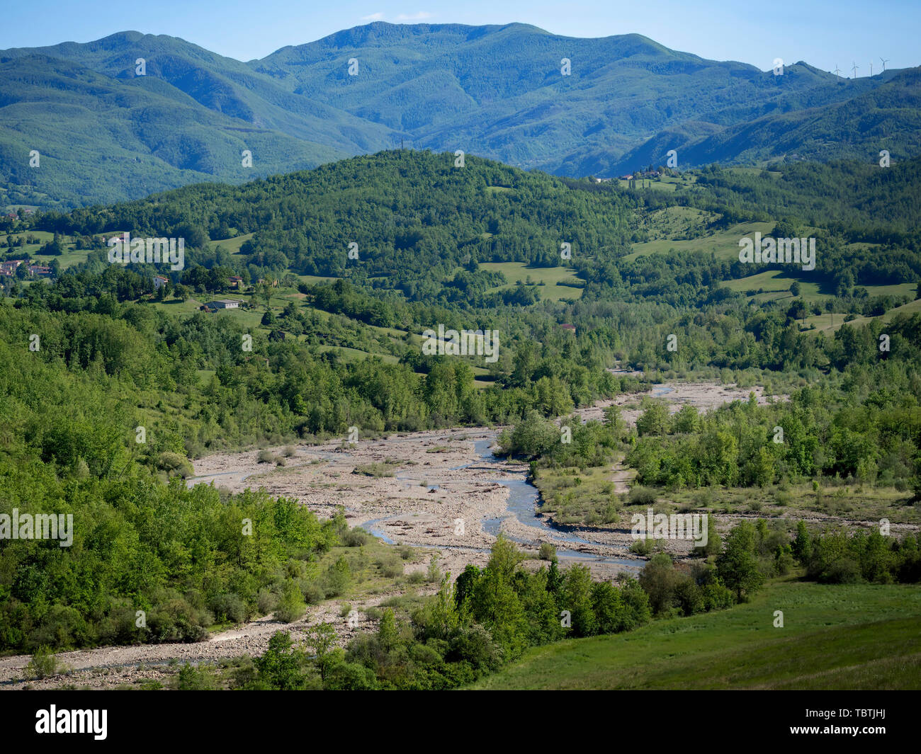Landscape in Emilia Romagna with Ingegna River, a tributory of the Taro ...