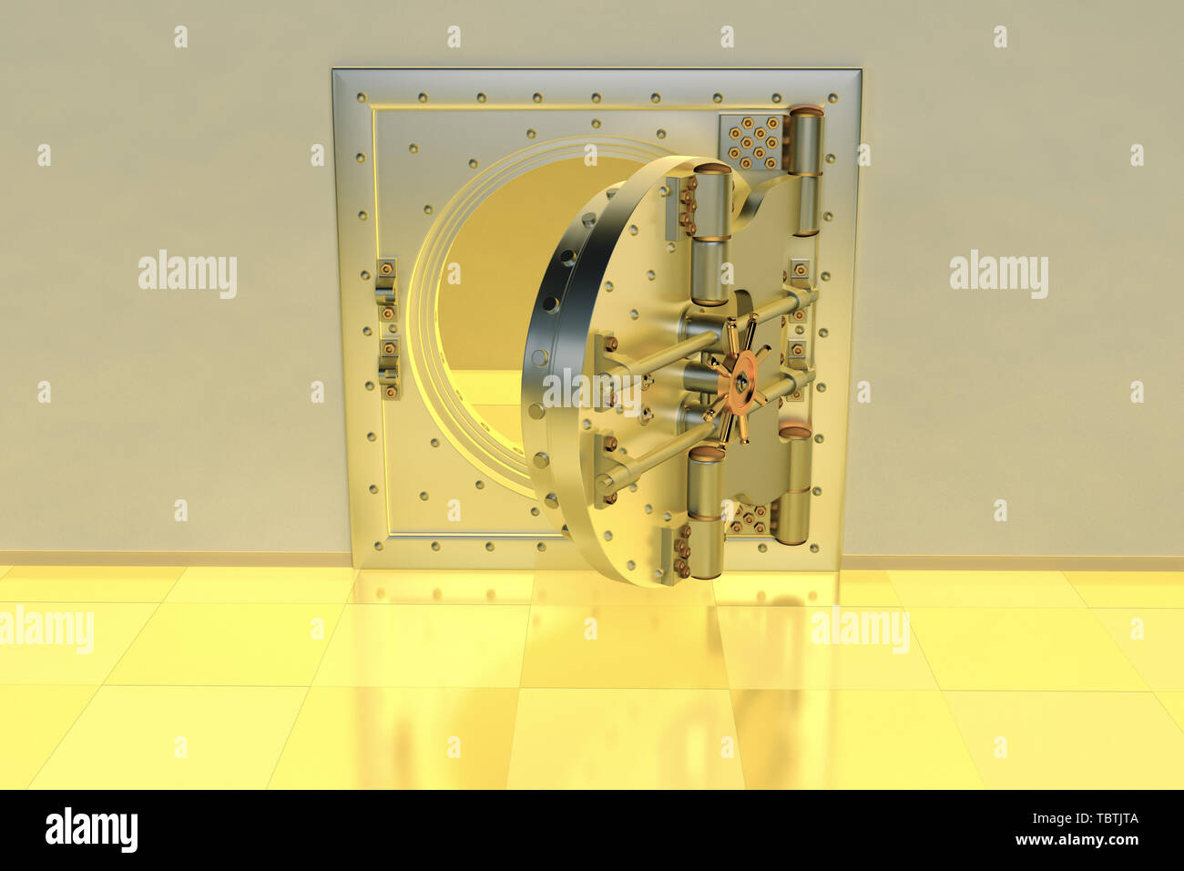 Front view of light gold bank vault door, closed. The door to the bank ...