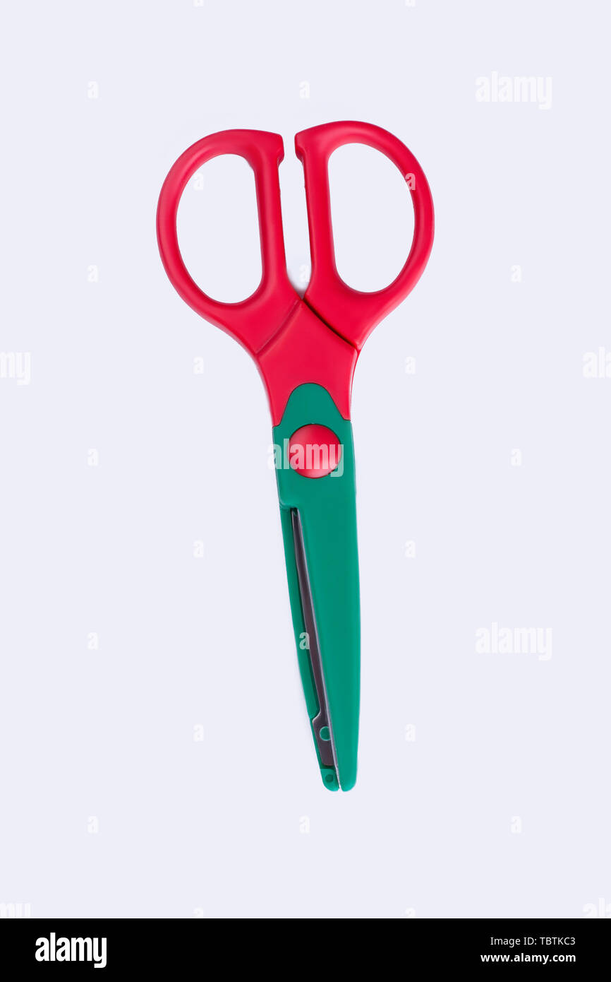 Colorful plastic scissors, top view. Colored open scissors isolated on ...