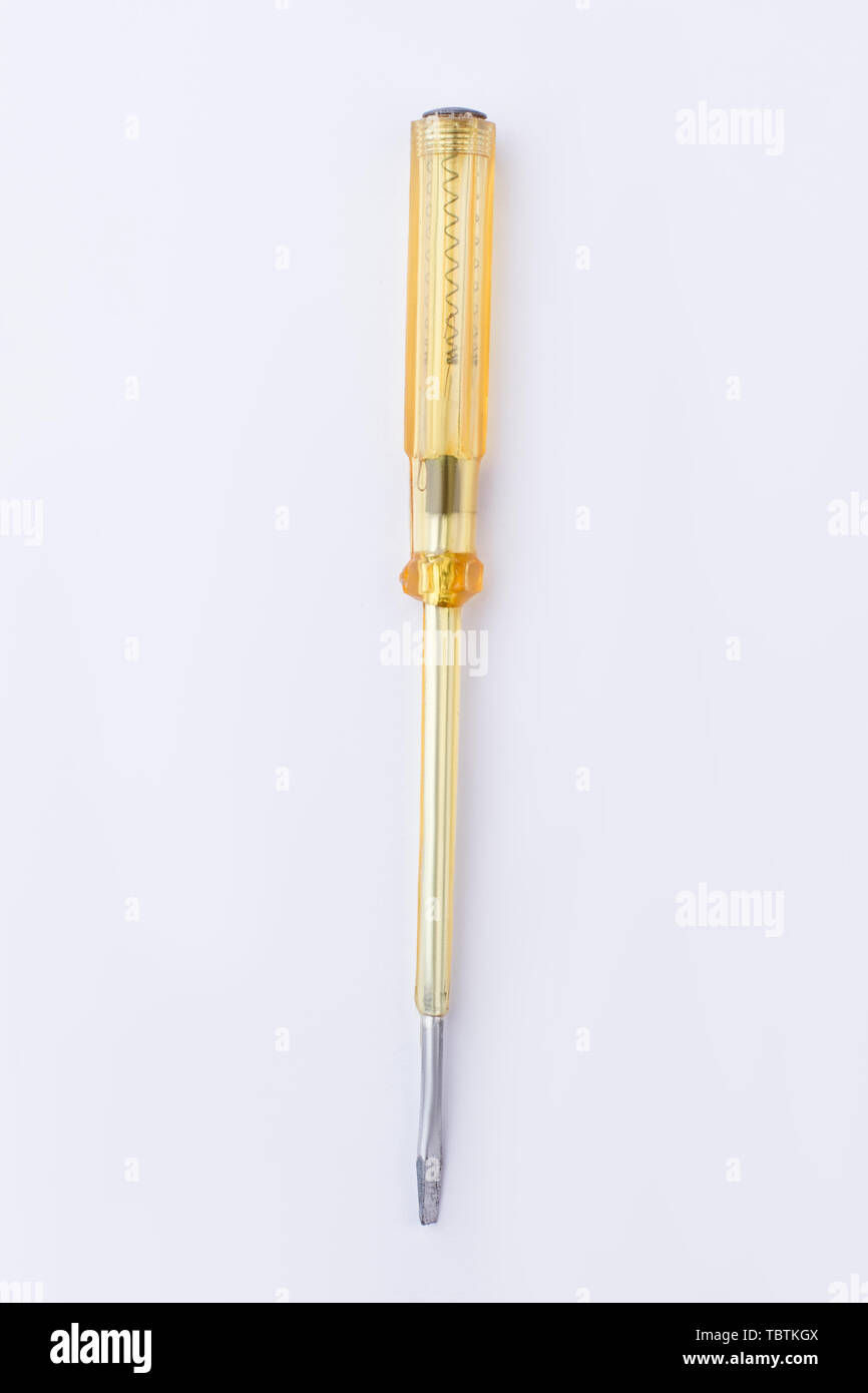 Screwdriver with yellow transparent handle. Tool for repair isolated on ...