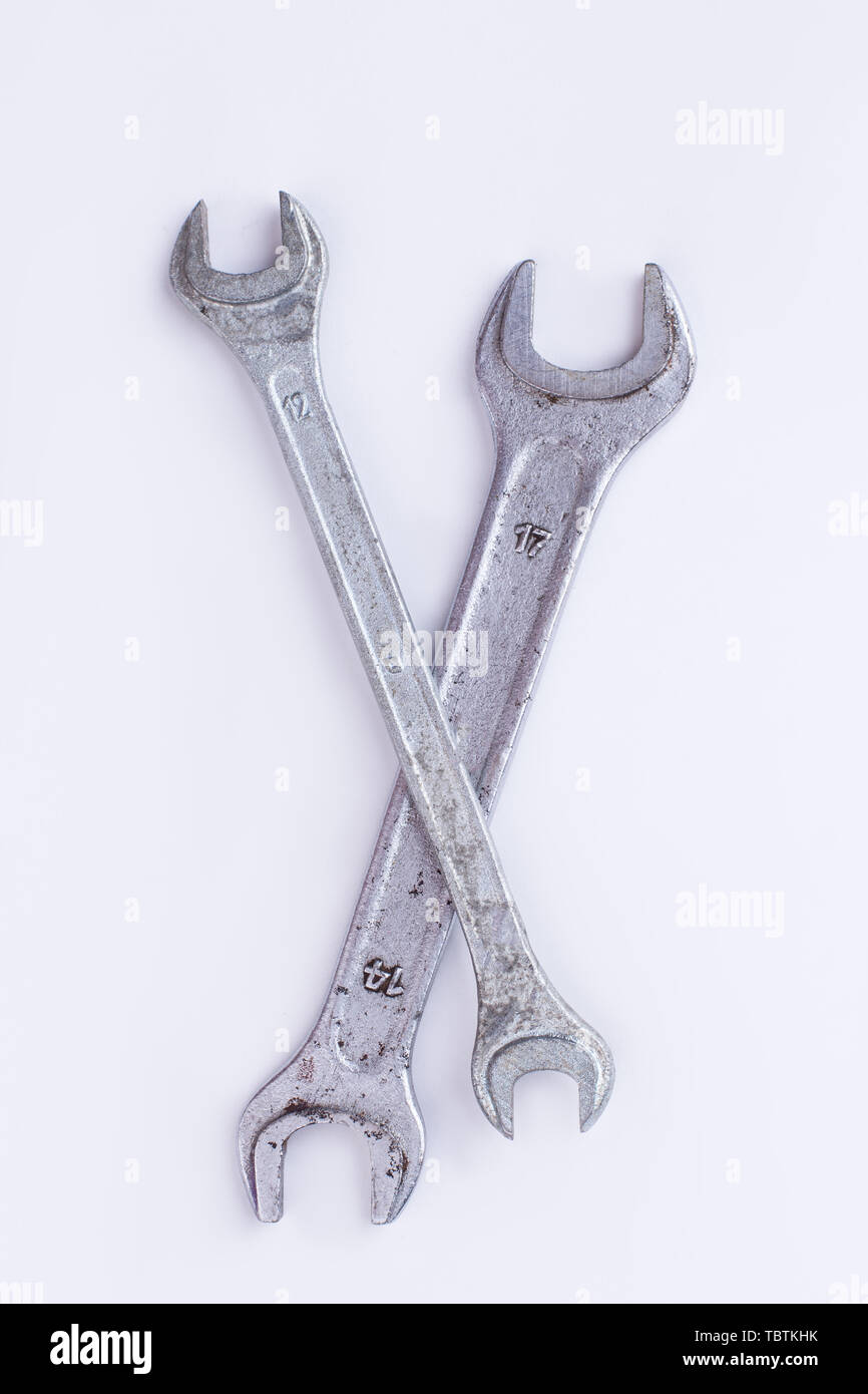 Stainless steel tools on white background. Two wrenches with clipping ...