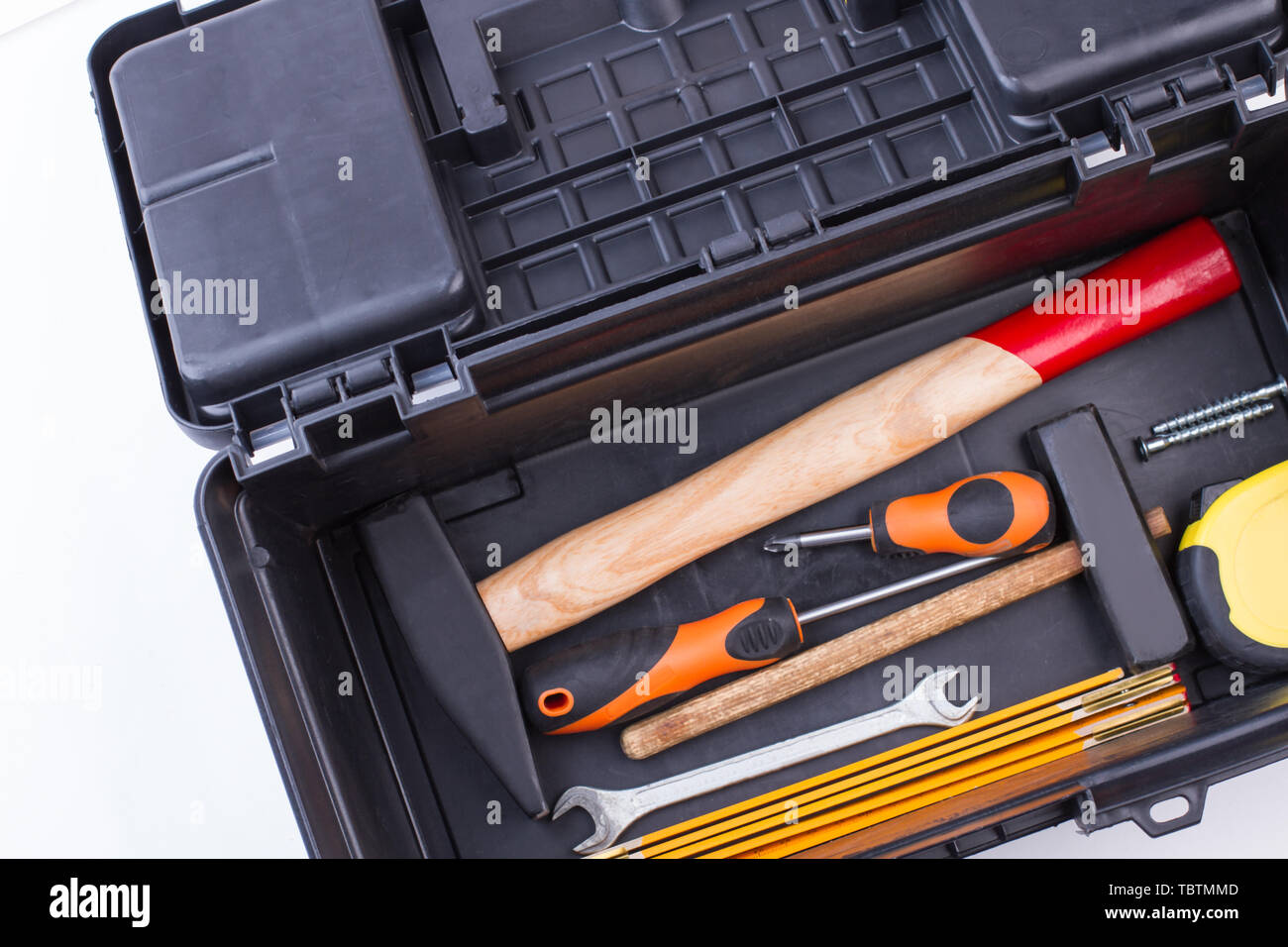 Case with construction tools. Tool kit isolated on white background ...