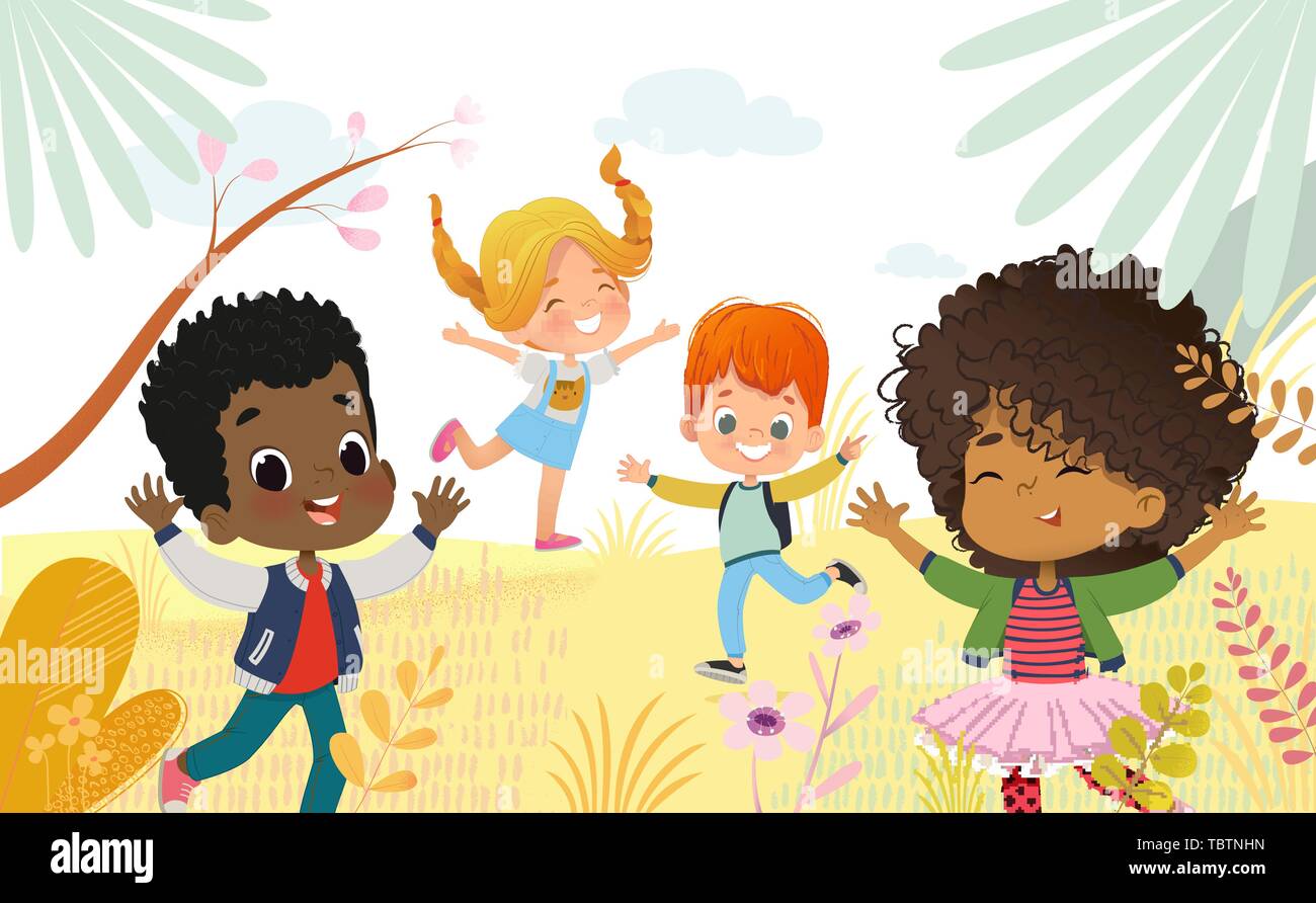 Multicultural Boys and girls happily jump. Kids Play outdors. Colorful ...