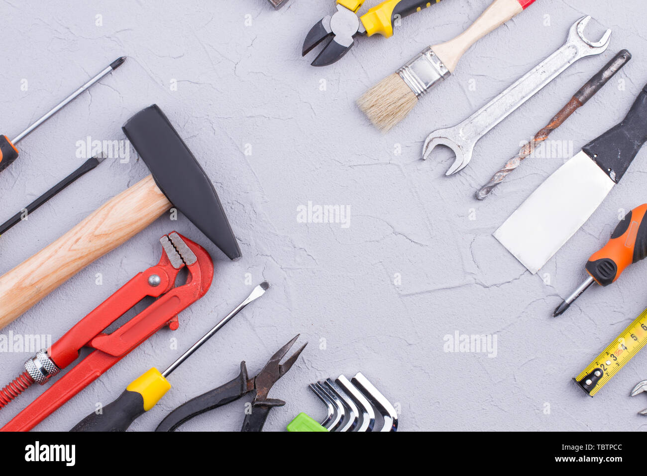 Flat lay different construction tools with copy space. Set of carpenter ...