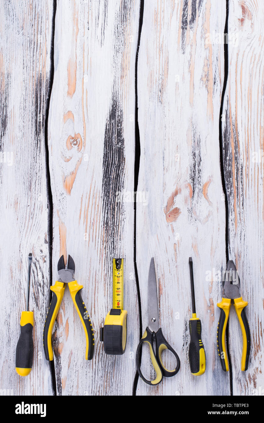 Flat lay various construction tools. Instruments set for hand work and ...