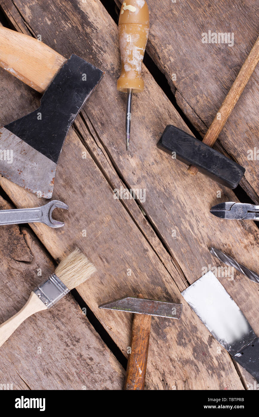 Set of various tools and instruments, top view. Top view of used tools ...