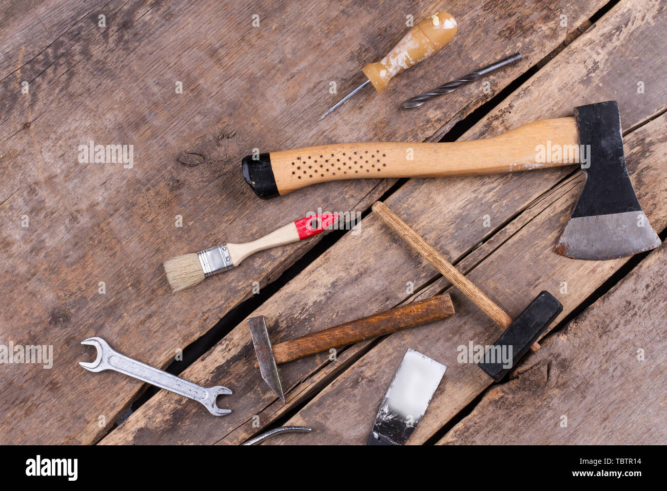 Various hand tools for construction. Top view of different carpentry ...