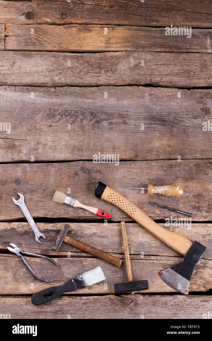 Different hand tools for construction, top view. Old hand tools set ...