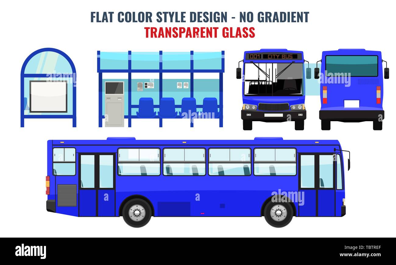 City Bus and Bus stop, side front and back view. Flat color style ...