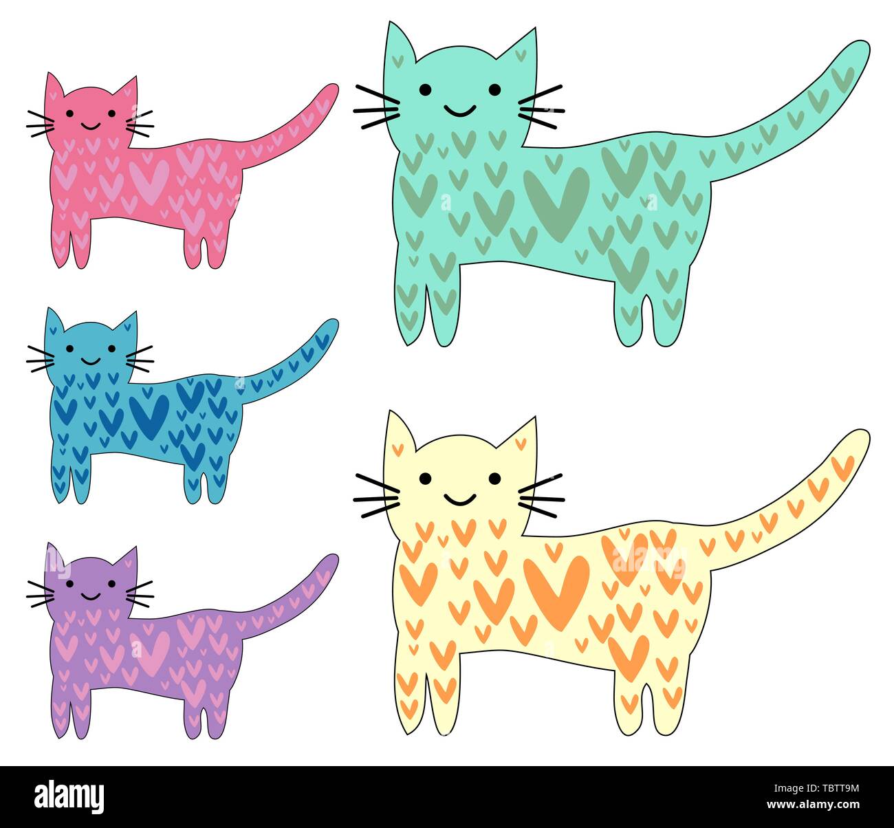 Set of cute cats in simple design for kid's greeting card design, t ...