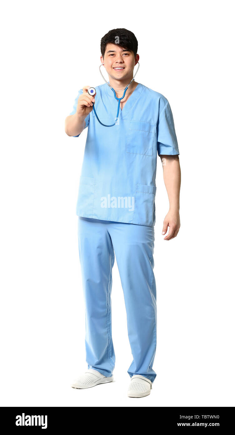 Male medical assistant with stethoscope on white background Stock Photo ...