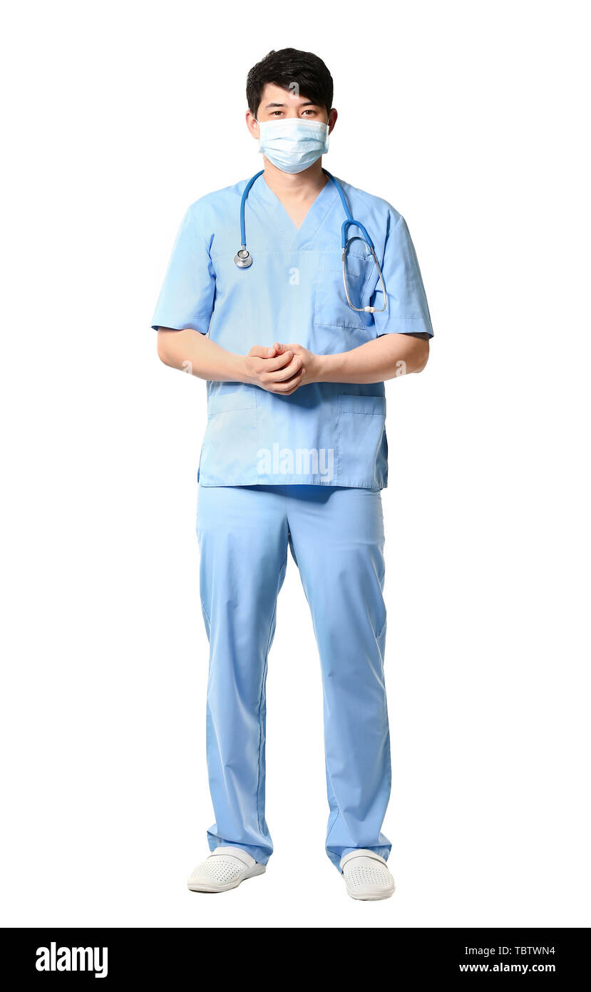 Male medical assistant on white background Stock Photo - Alamy