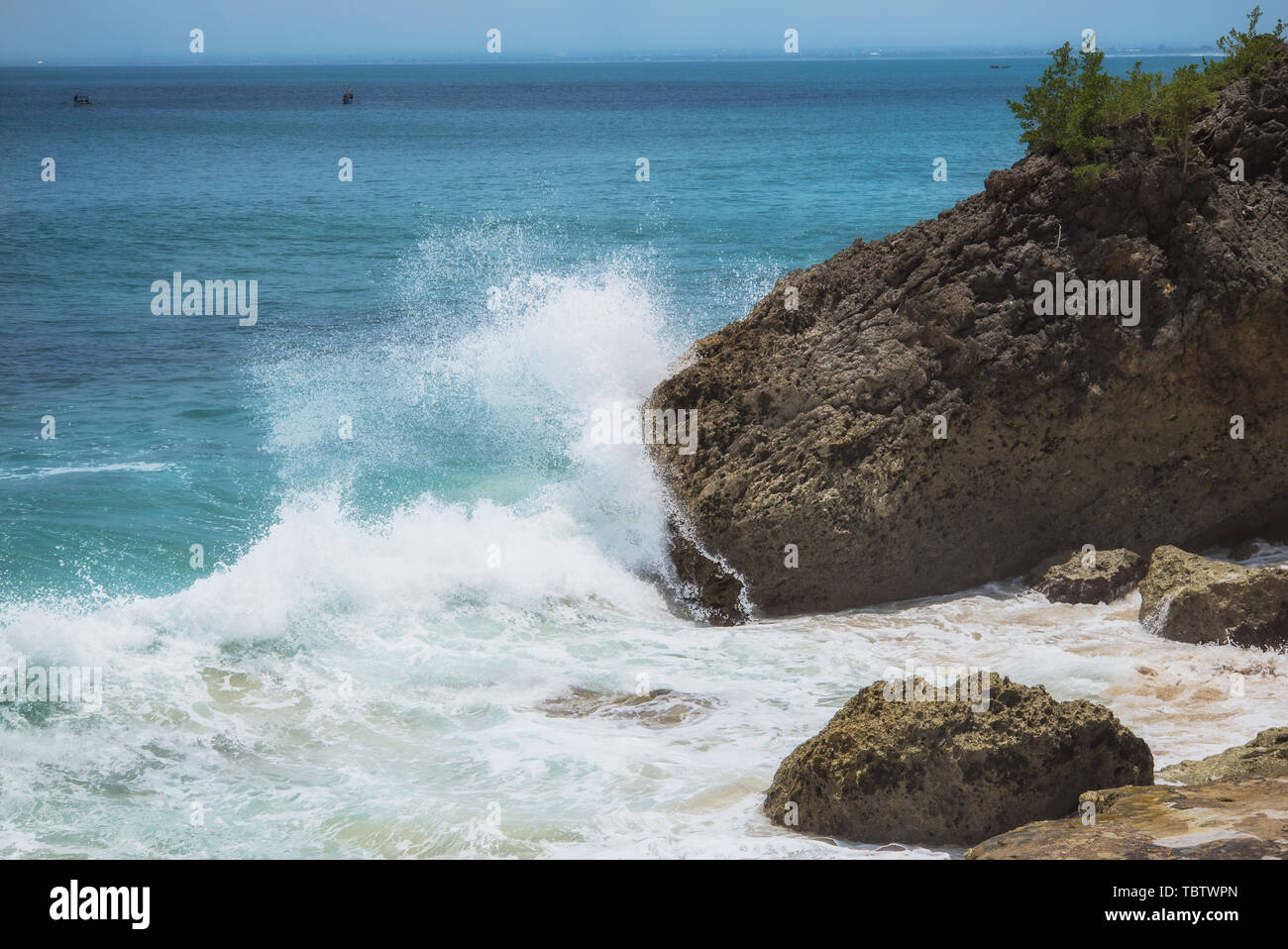 Bali blue sky and white clouds under Indian Ocean resort hotel waves ...