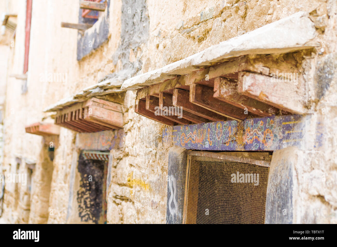 Close-up of door frames of Tibetan buildings on Baghor Street, Lhasa ...