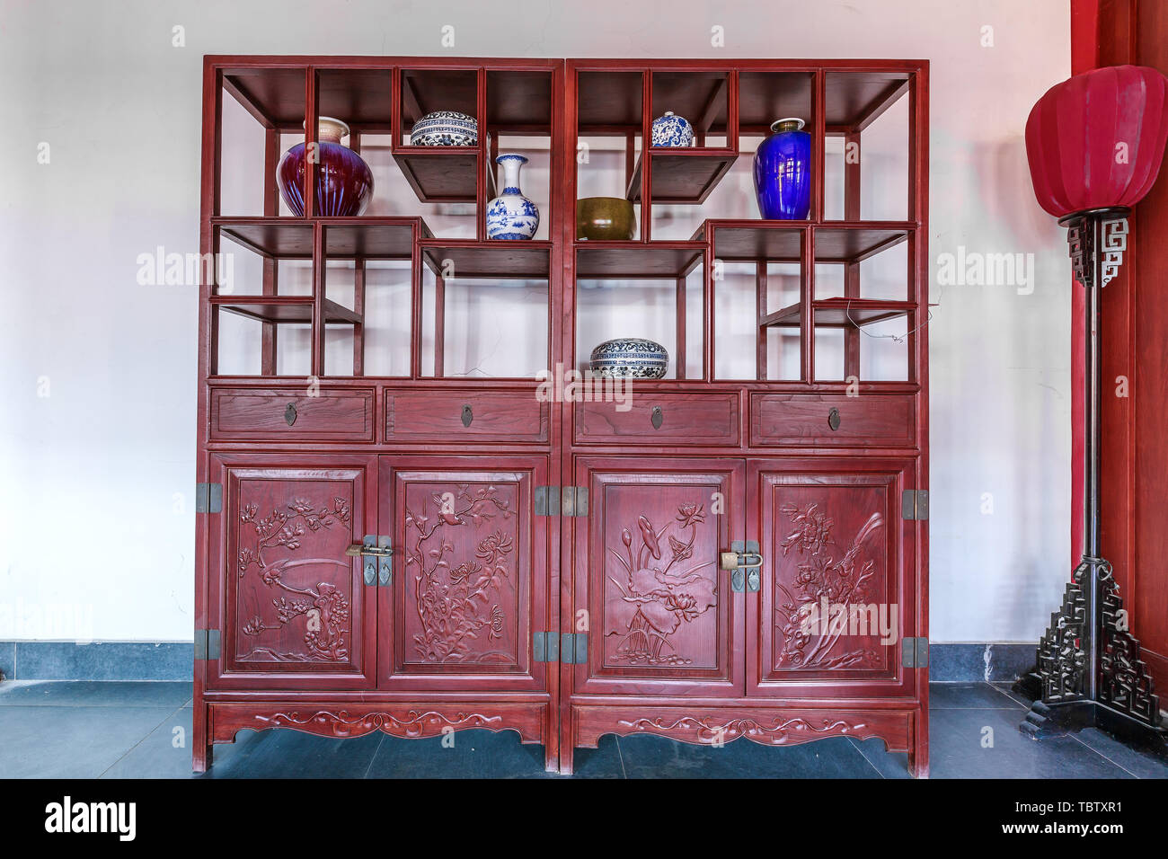 Red Chinese cabinets in the Han Wang mansion in Huimin County Stock ...