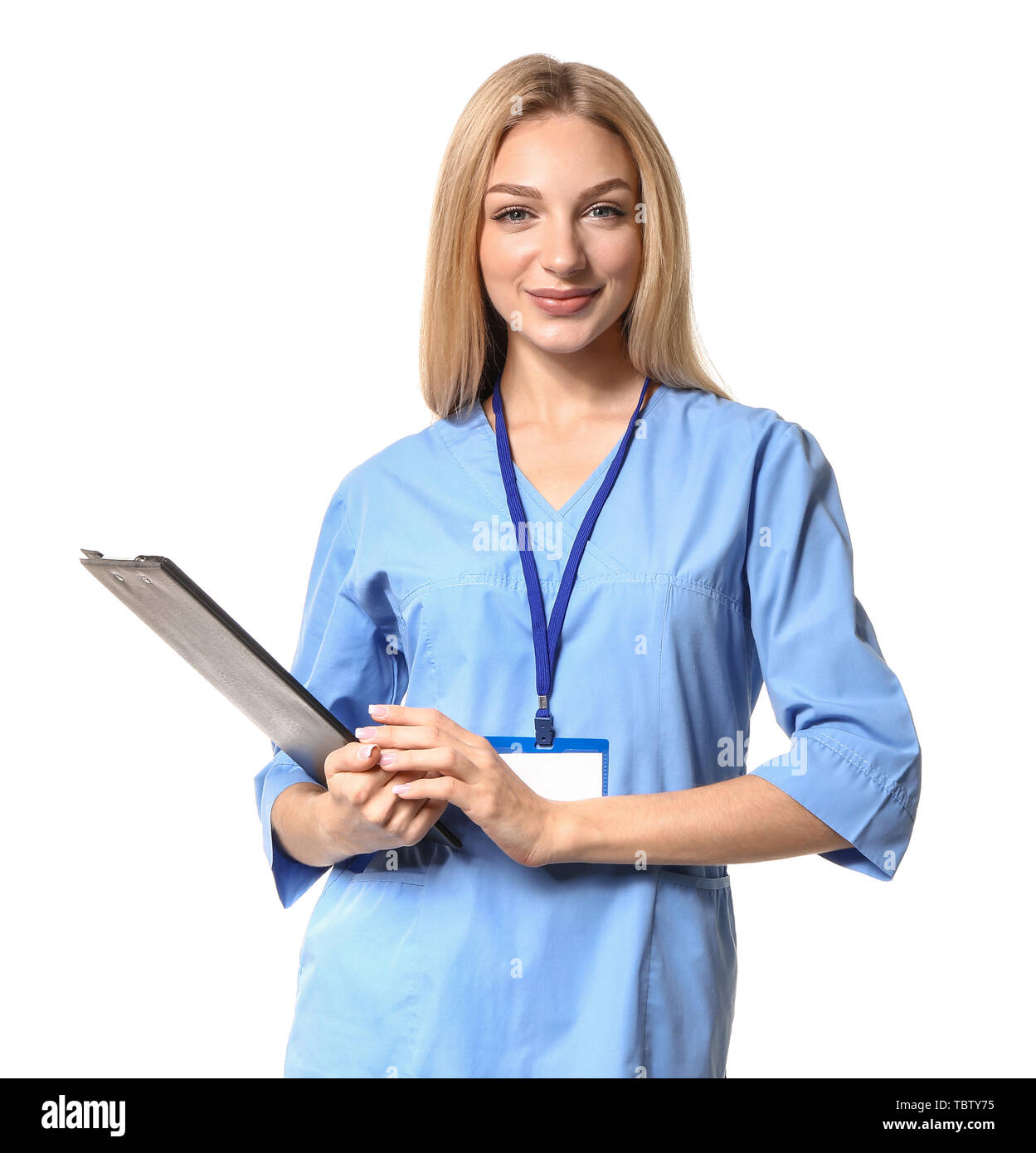 Female medical assistant on white background Stock Photo - Alamy